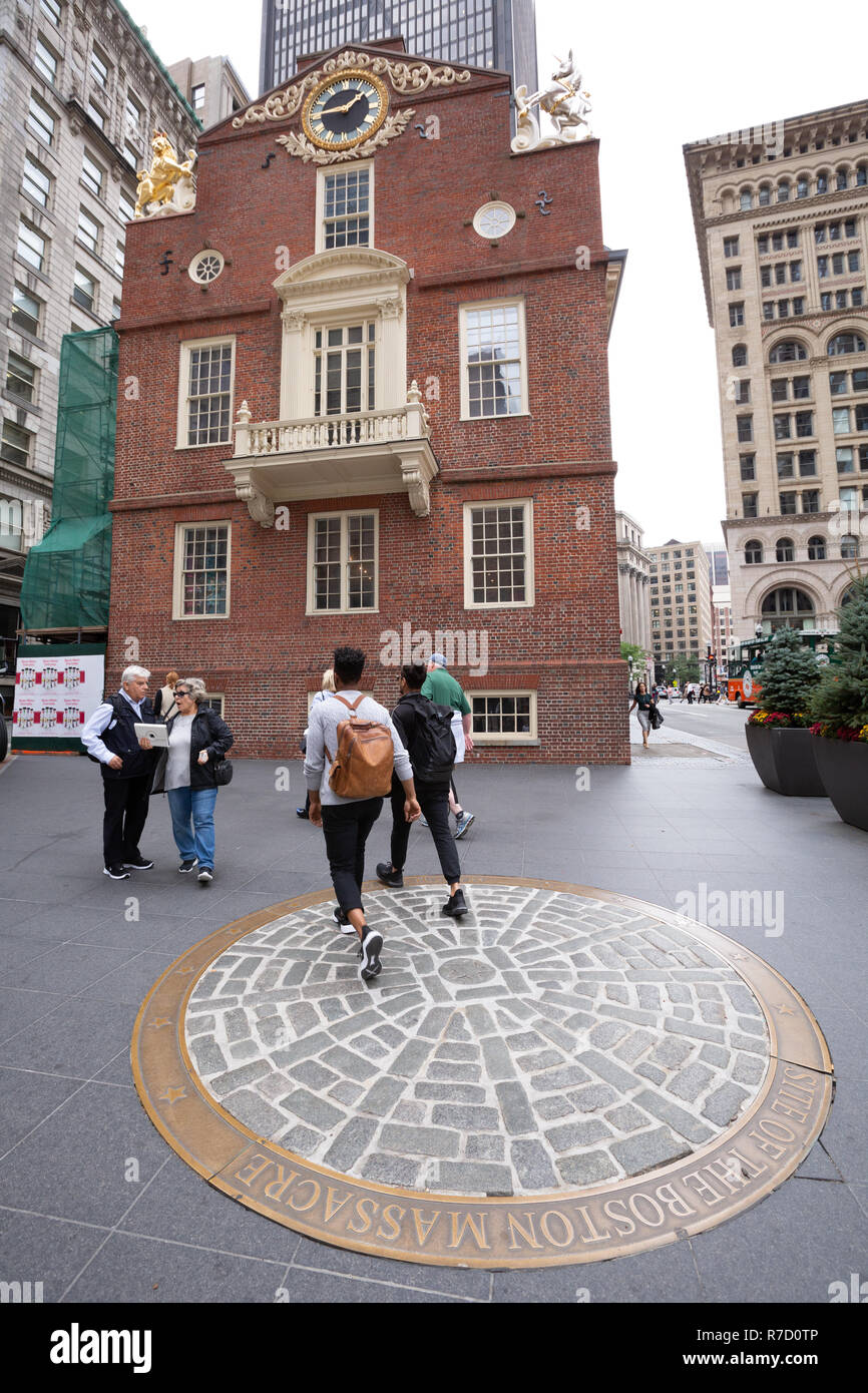 A pavement medallion marks the site of the Boston Massacre in front of ...