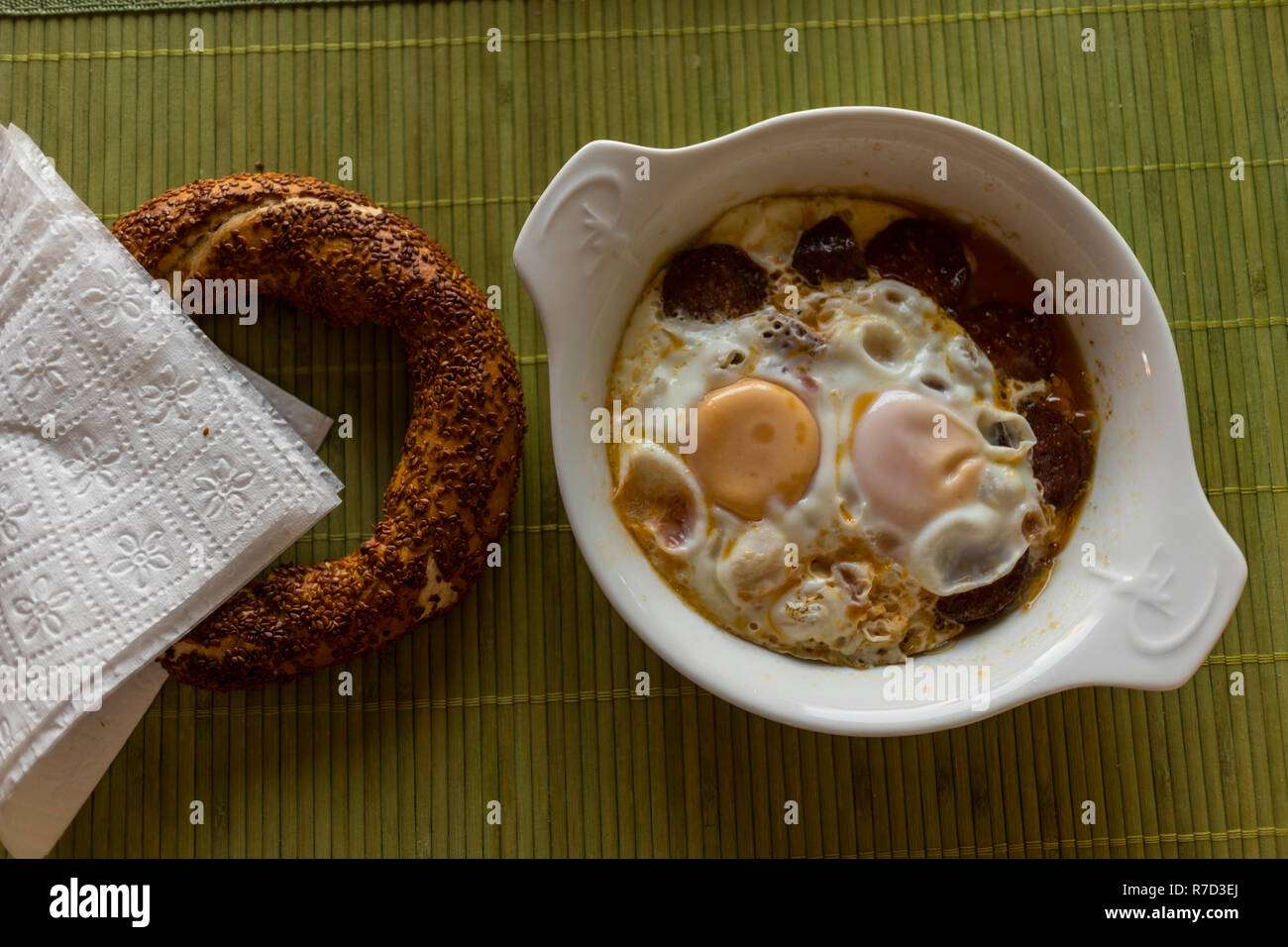 breakfast with traditional turkish simit and sucuk egg Stock Photo - Alamy