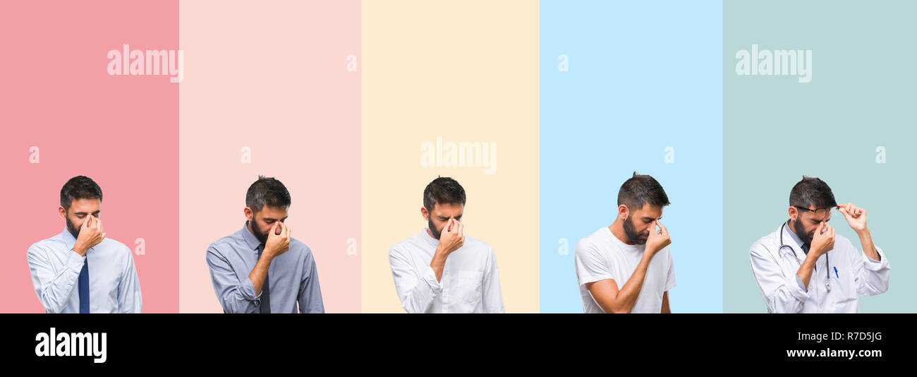 Collage of handsome man over colorful stripes isolated background tired ...