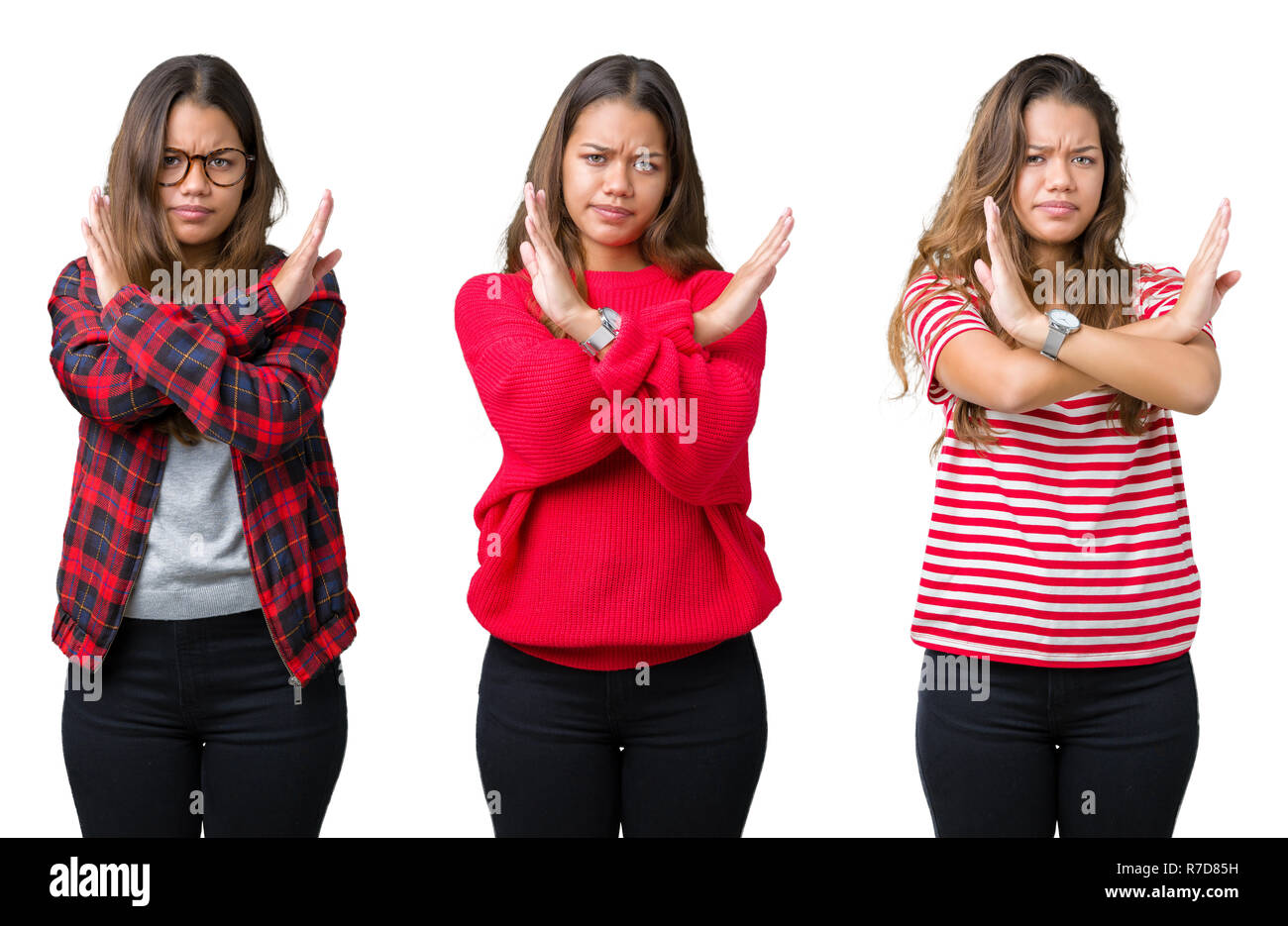 Collage of beautiful young woman over isolated background Rejection ...