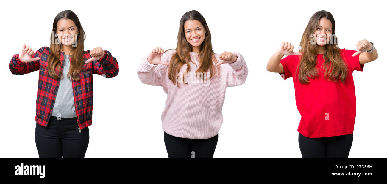 Collage of beautiful young woman over isolated background looking ...