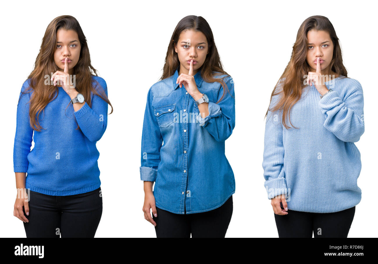 Collage of beautiful young woman over isolated background asking to be ...