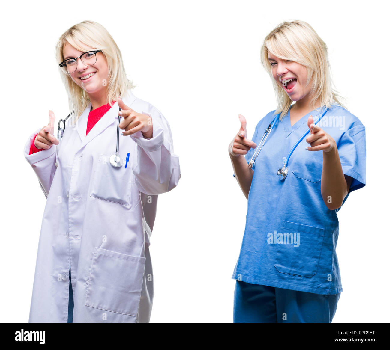 Collage of doctor and nurse woman over white isolated background ...