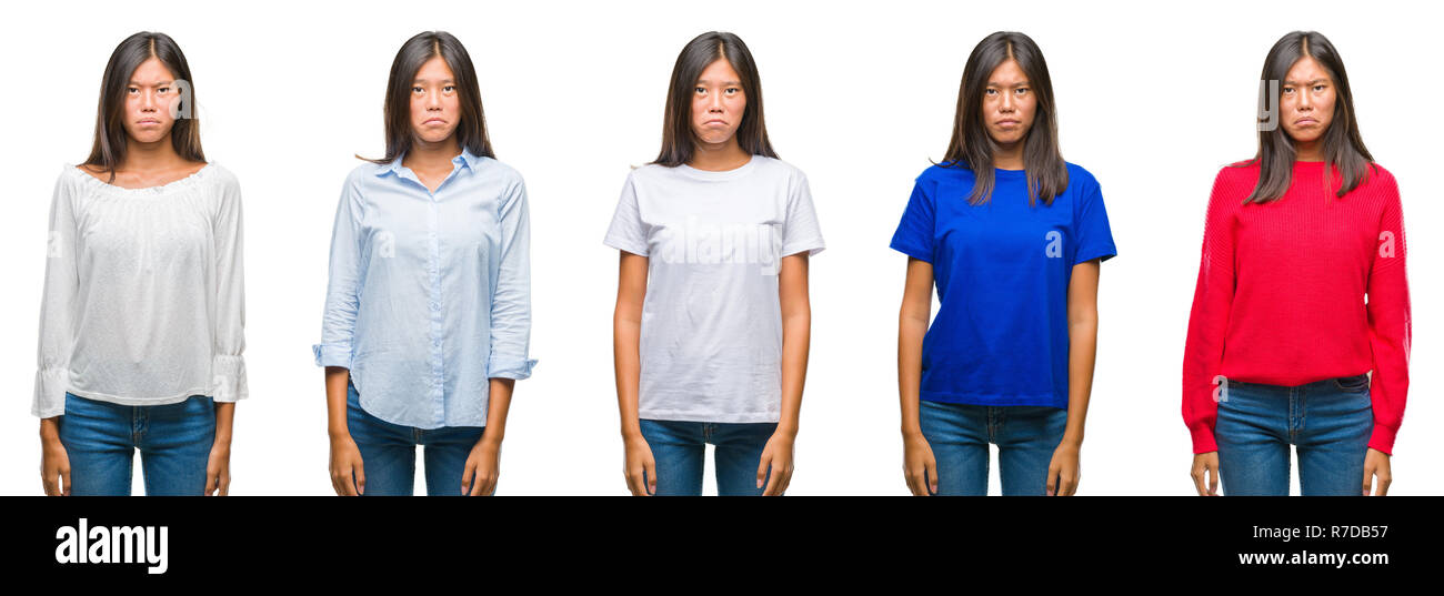 Composition of chinese asian woman over isolated background depressed ...