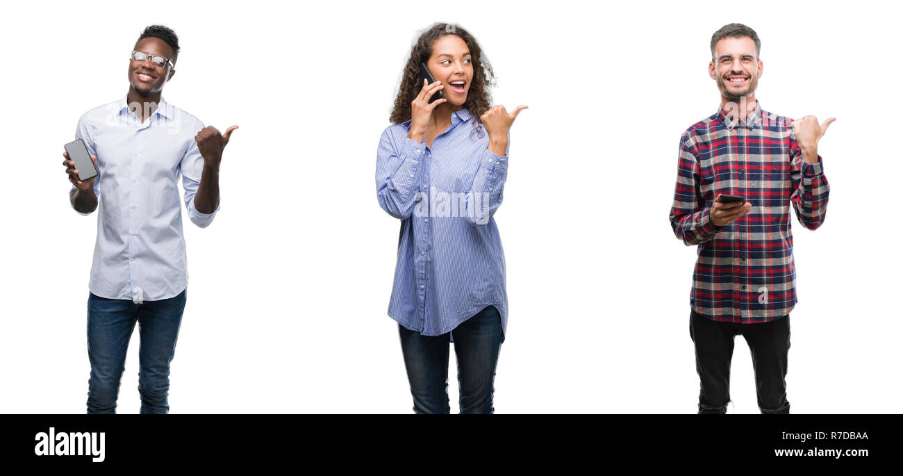 Collage of young people talking and texting using smartphone over ...