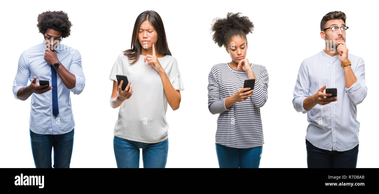 Collage of people texting sending message using smartphone over ...