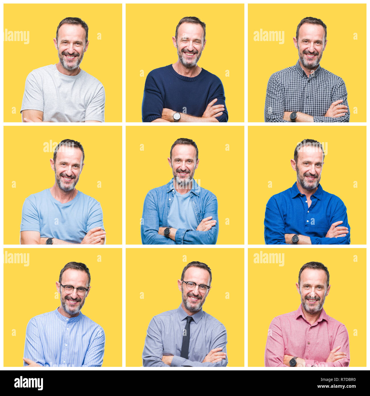 Collage of senior hoary elegant man over yellow isolated background ...