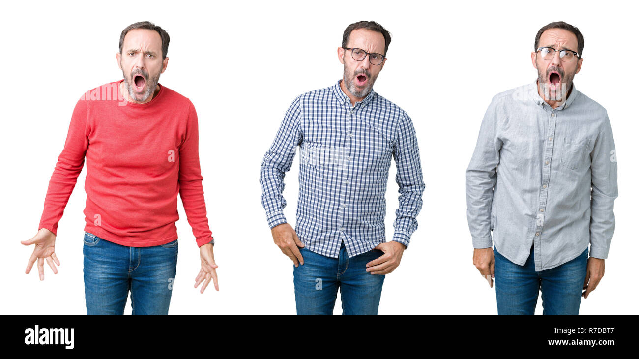 Collage of handsome senior man over white isolated background In shock ...