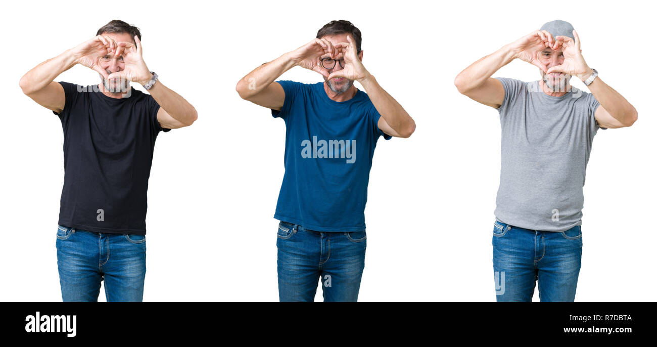 Collage of handsome senior man over white isolated background Doing ...