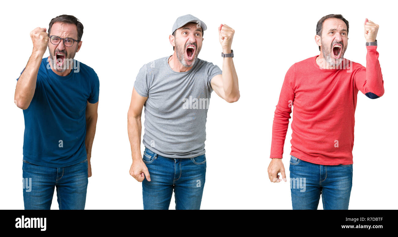Collage of handsome senior man over white isolated background angry and ...