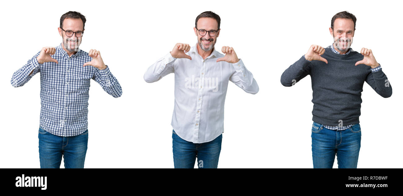 Collage of handsome senior business man over white isolated background ...