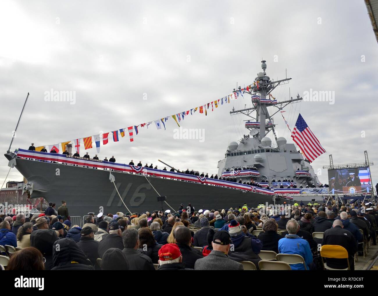 BOSTON (Dec. 1, 2018) Crewmembers of USS Thomas Hudner (DDG 116) man ...