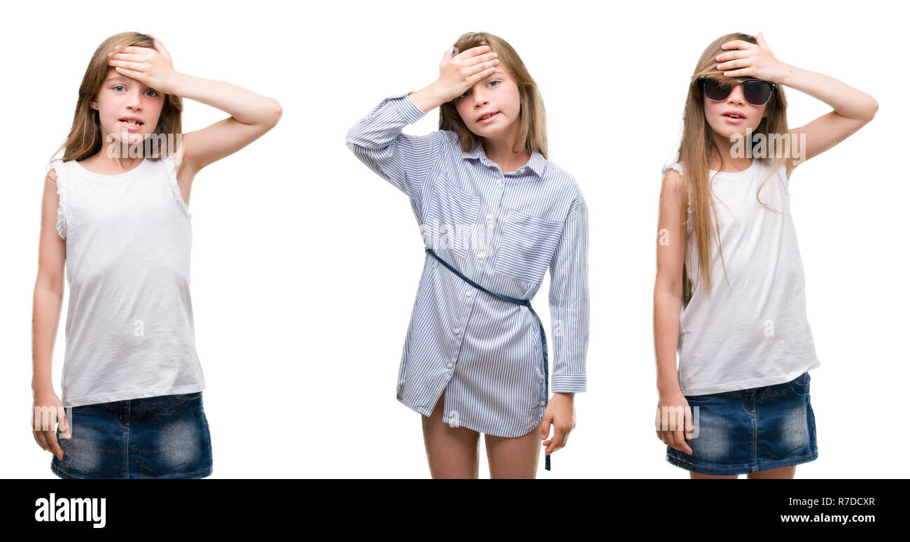Collage of blonde girl kid over isolated background stressed with hand ...