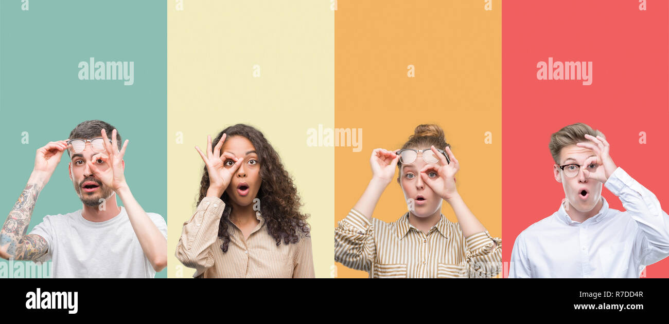 Collage of a group of people isolated over colorful background doing ok ...