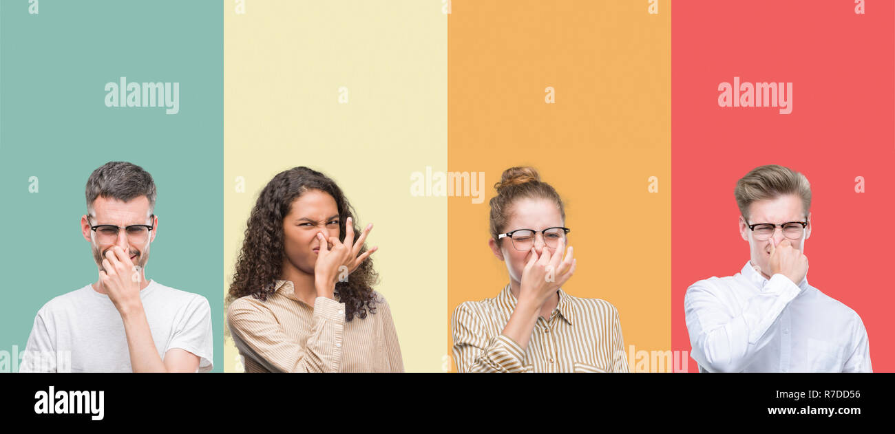 Collage of a group of people isolated over colorful background smelling ...