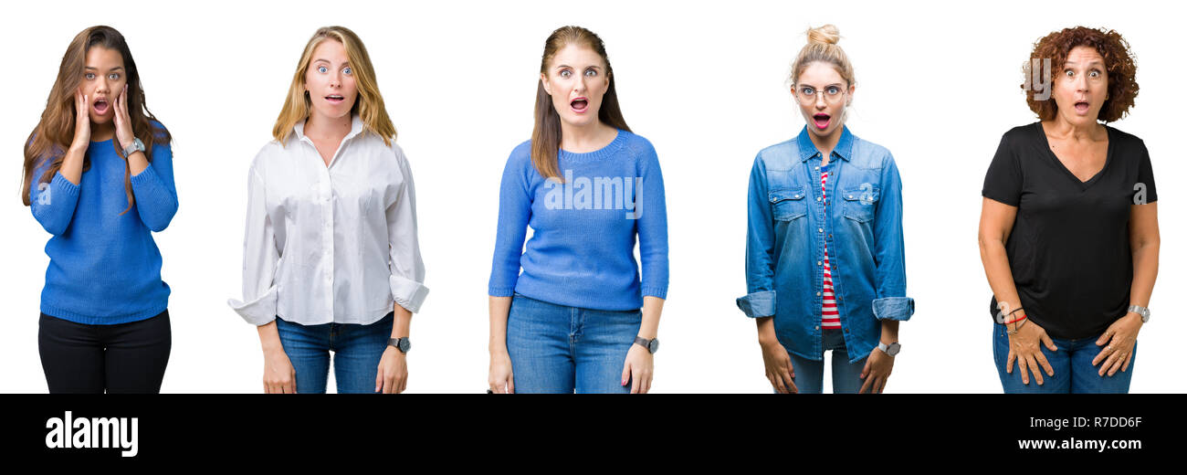 Collage of group of beautiful women over white isolated background ...