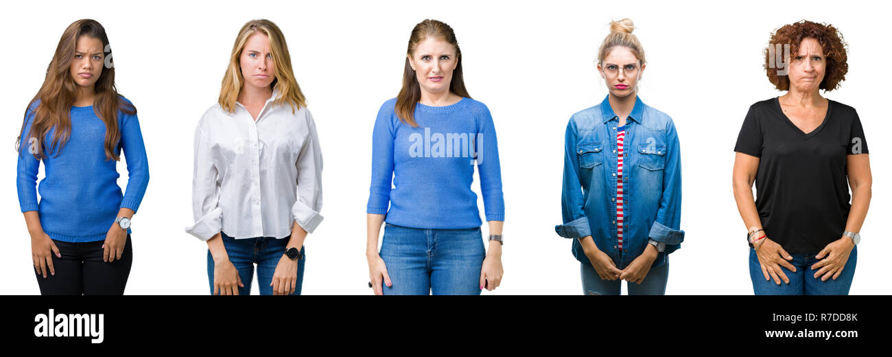 Collage of group of beautiful women over white isolated background ...