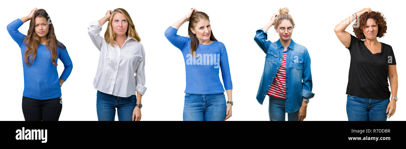 Collage of group of beautiful women over white isolated background ...