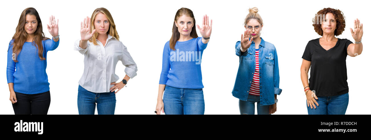 Collage of group of beautiful women over white isolated background ...