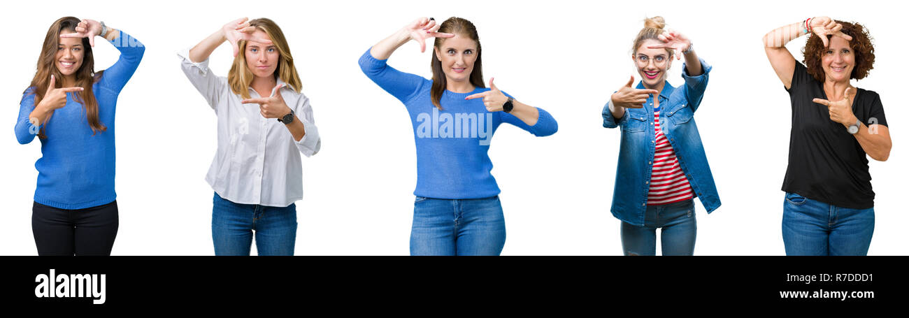 Collage of group of beautiful women over white isolated background ...