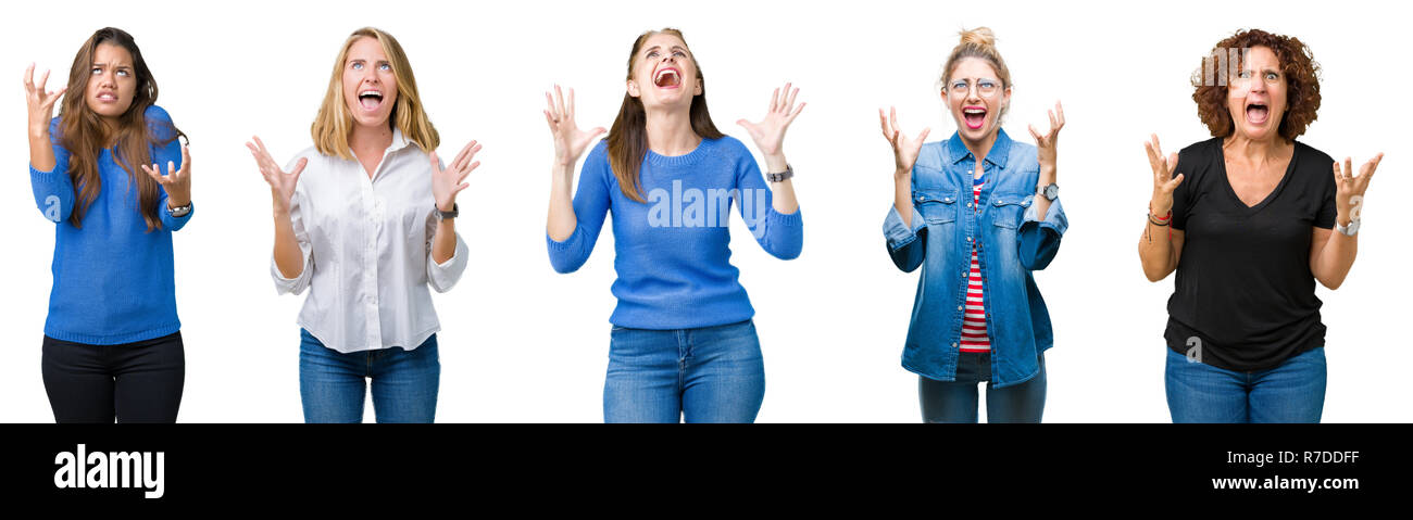 Collage of group of beautiful women over white isolated background ...