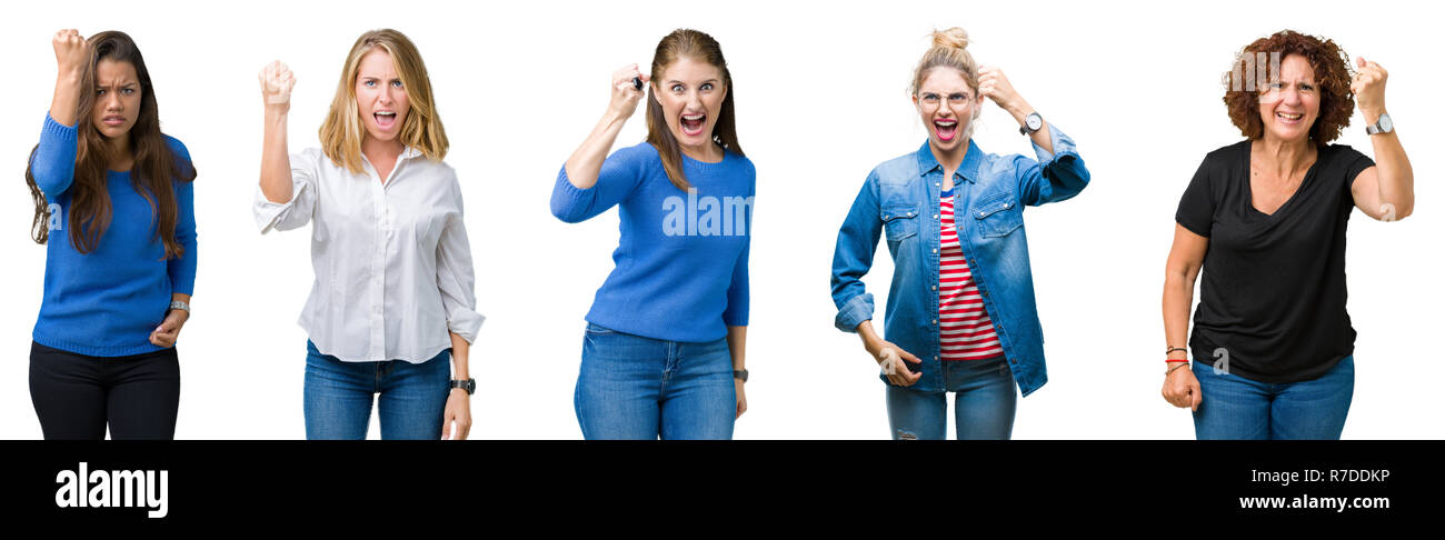 Collage of group of beautiful women over white isolated background ...