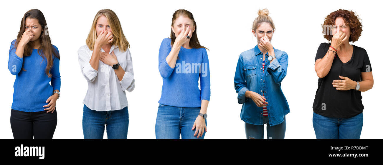 Collage of group of beautiful women over white isolated background ...