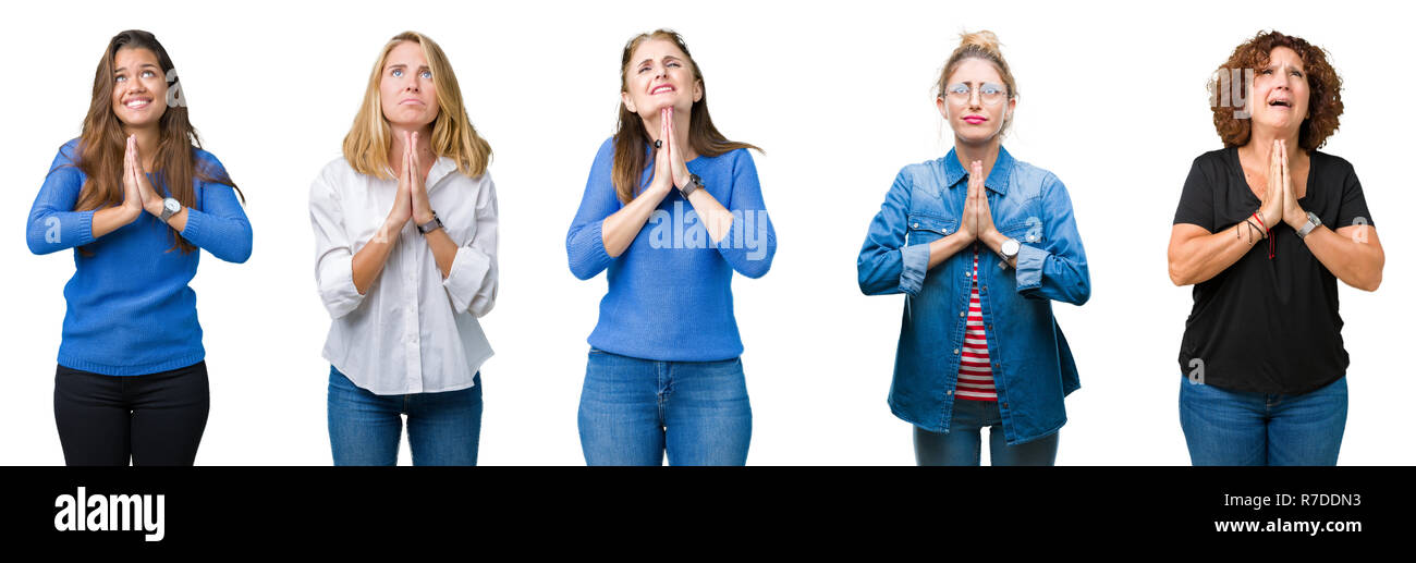 Collage of group of beautiful women over white isolated background ...