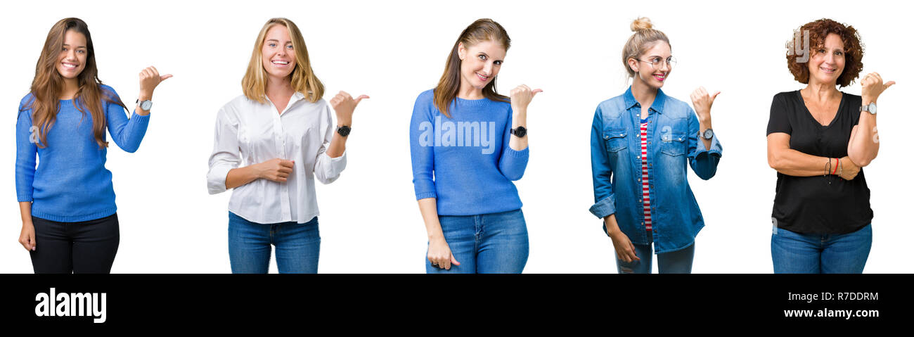 Collage of group of beautiful women over white isolated background ...