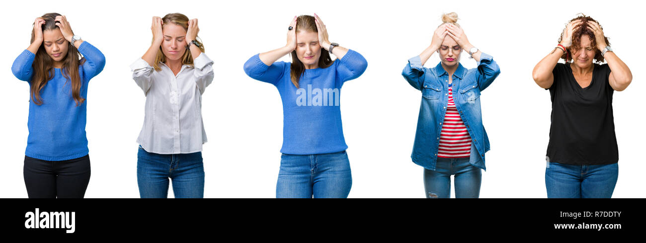 Collage of group of beautiful women over white isolated background ...