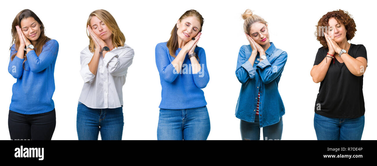 Collage of group of beautiful women over white isolated background ...