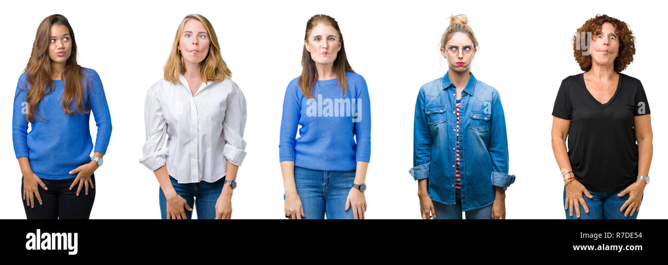 Collage of group of beautiful women over white isolated background ...