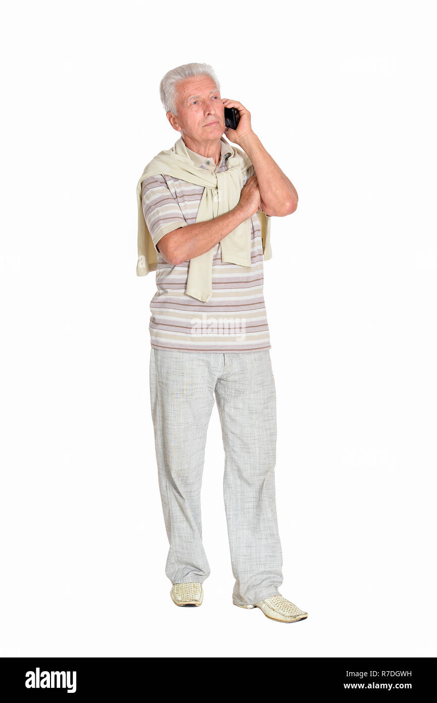 Happy senior man in shirt on white background Stock Photo - Alamy