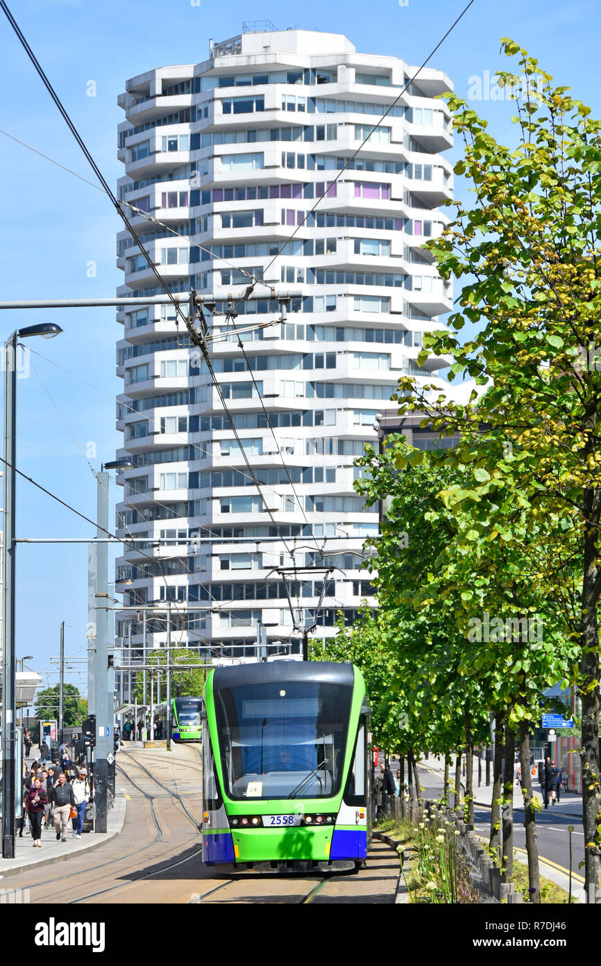 Croydon town centre with modern tram line public transport services ...