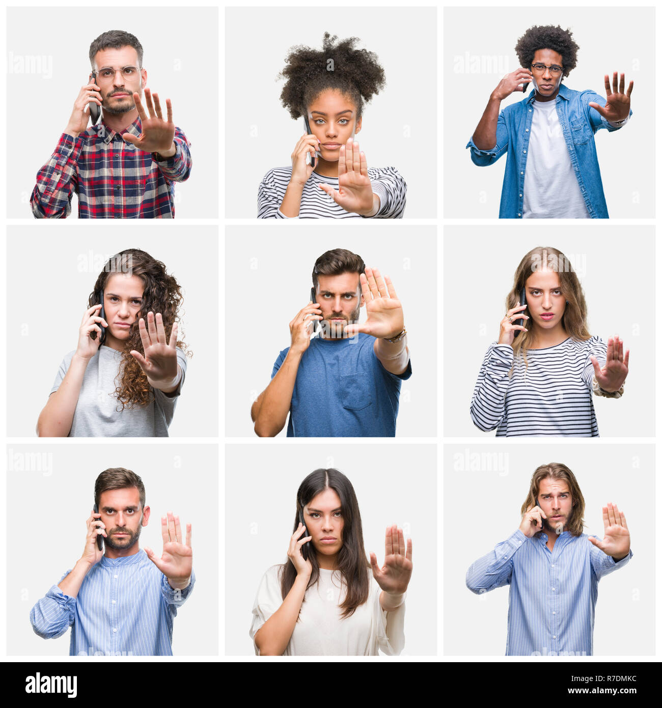 Collage of group of young people calling using smartphone over isolated ...