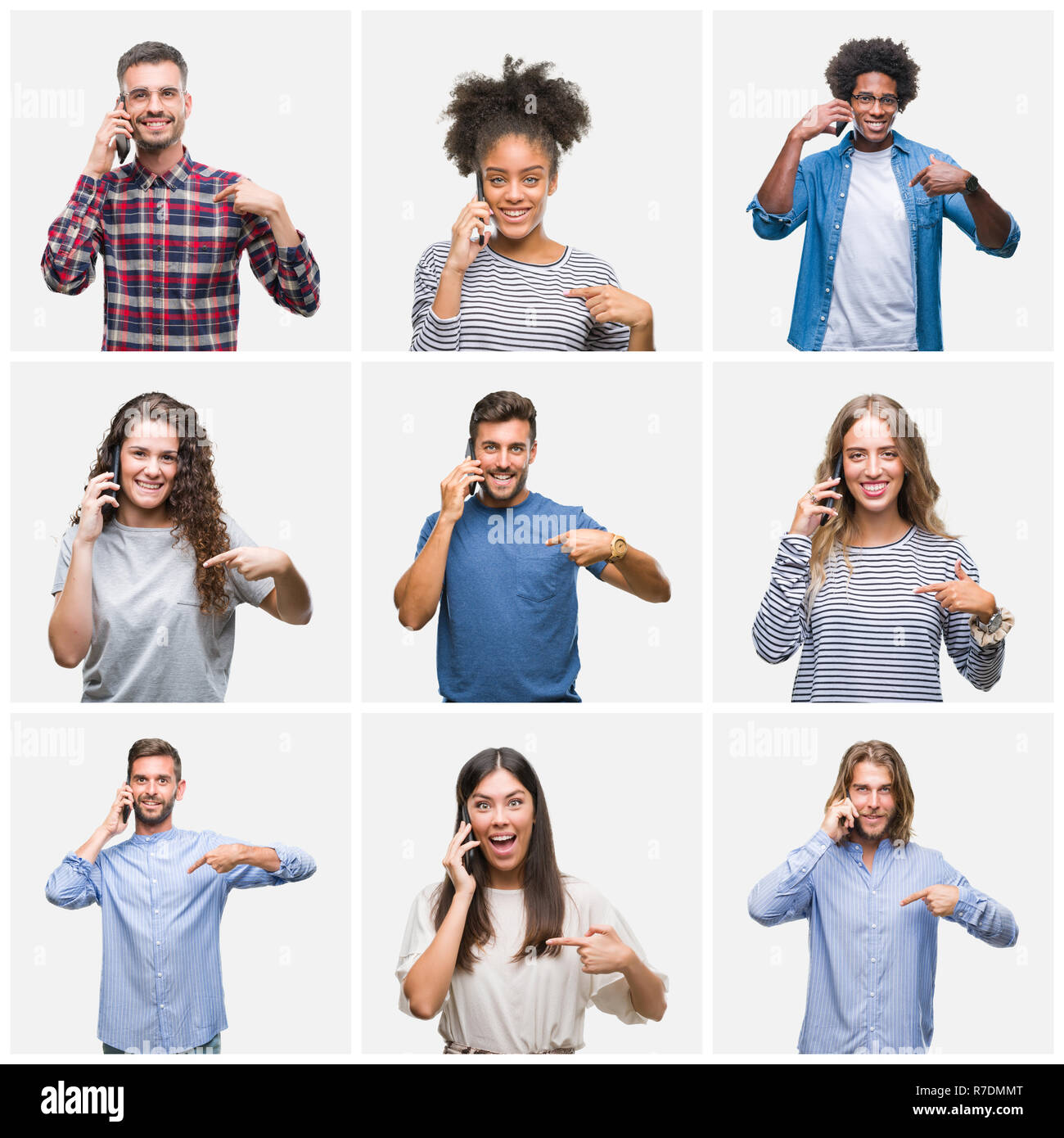 Collage of group of young people calling using smartphone over isolated ...