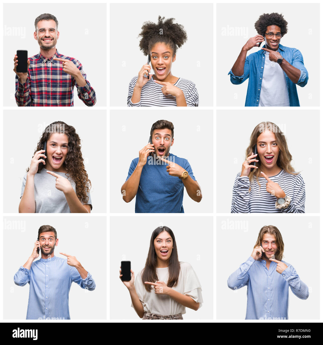 Collage of group of young people calling using smartphone over isolated ...