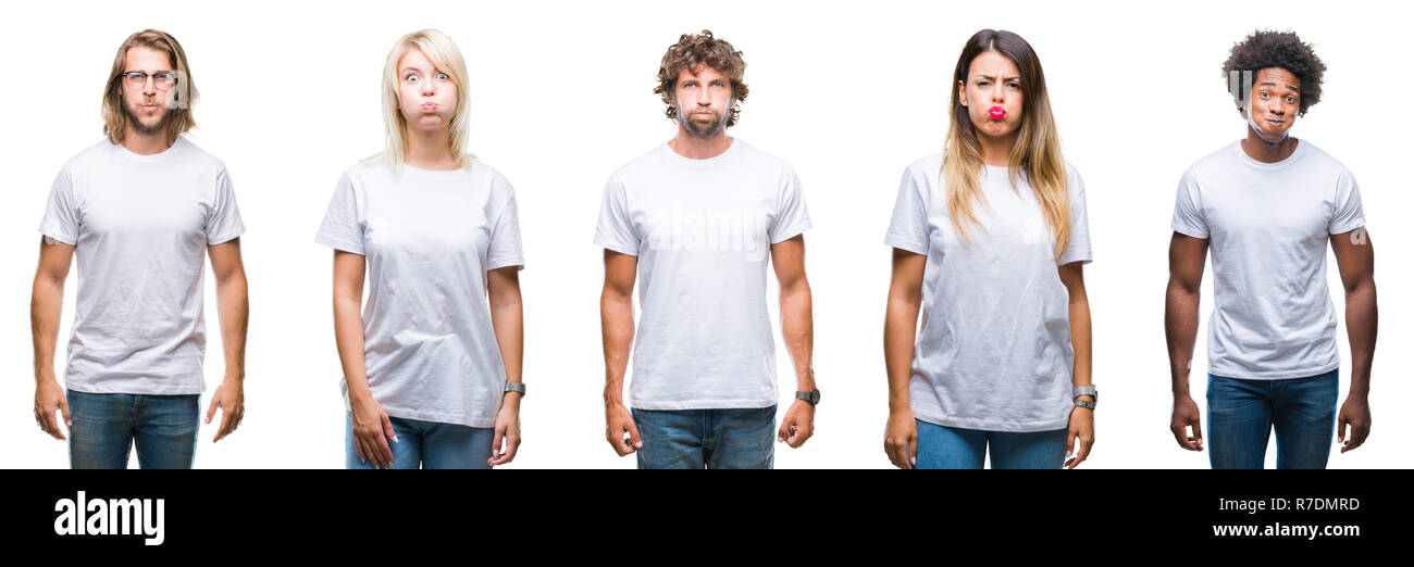 Collage of group of people wearing casual white t-shirt over isolated ...