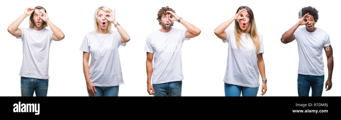Collage of group of people wearing casual white t-shirt over isolated ...