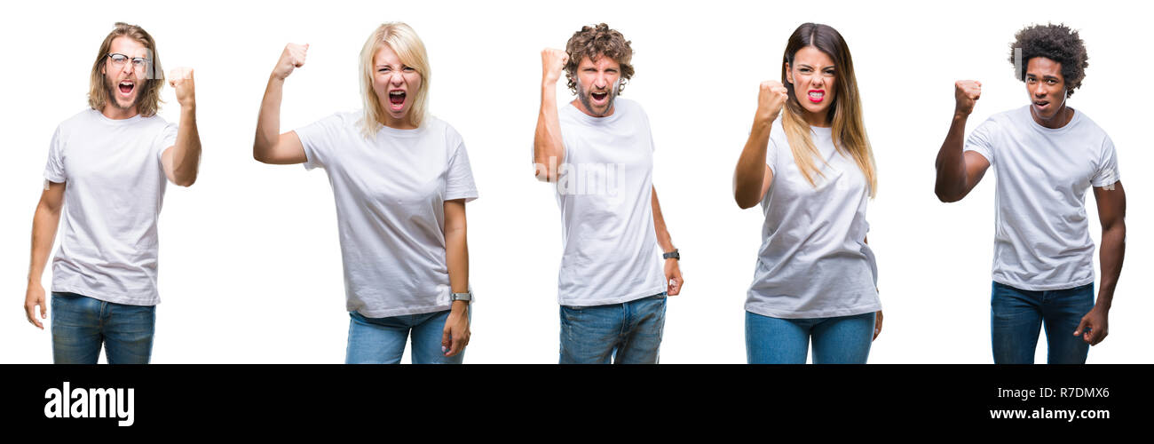 Collage of group of people wearing casual white t-shirt over isolated ...