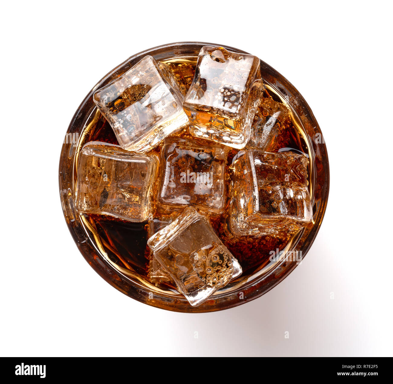 top view glass cup with cola and ice cubes on white Stock Photo - Alamy