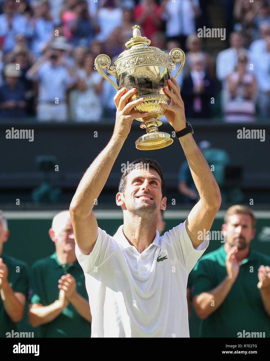 Serbian player Novak Djokovic during trophy presentation at Wimbledon ...