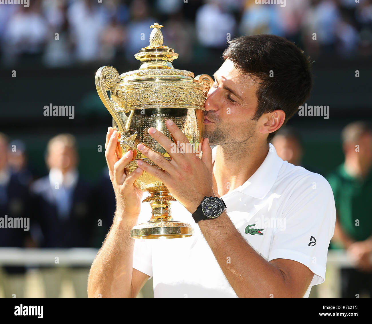 Serbian player Novak Djokovic during trophy presentation at Wimbledon ...