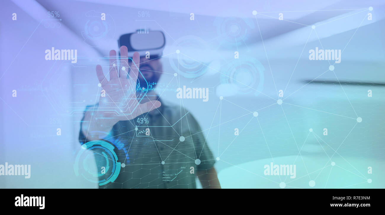 man trying virtual reality vr glasses at modern home with futuristic ...