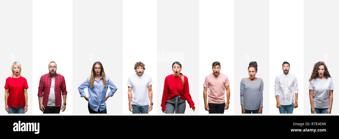Collage of different ethnics young people over white stripes isolated ...