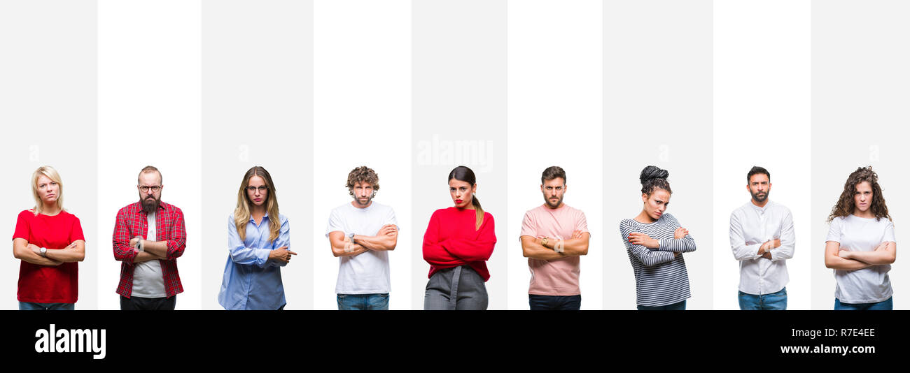 Collage of different ethnics young people over white stripes isolated ...