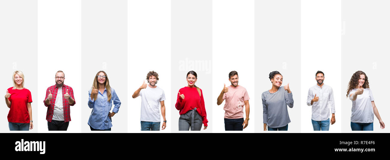 Collage of different ethnics young people over white stripes isolated ...