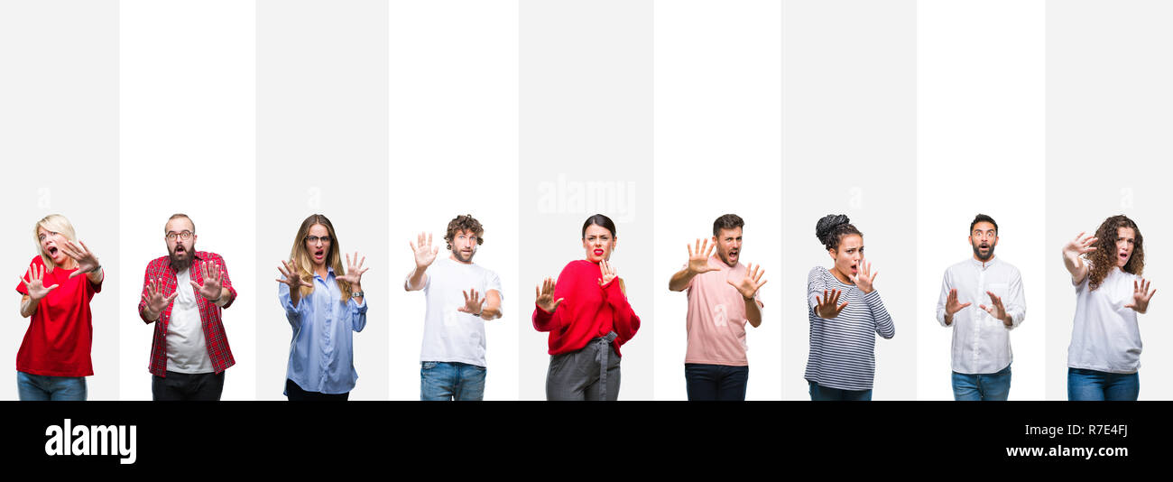 Collage of different ethnics young people over white stripes isolated ...