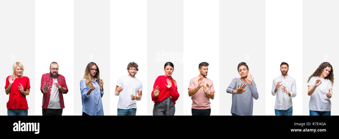 Collage of different ethnics young people over white stripes isolated ...