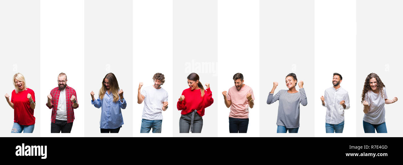 Collage of different ethnics young people over white stripes isolated ...